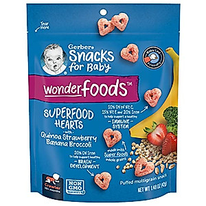 Gerber Snacks for Baby Wonder Foods Superfood Hearts Puffed Multigrain Snack, 2 Flavor Variety Pack, 1.48-Ounce Resealable Pouches (Pack of 4 Pouches)