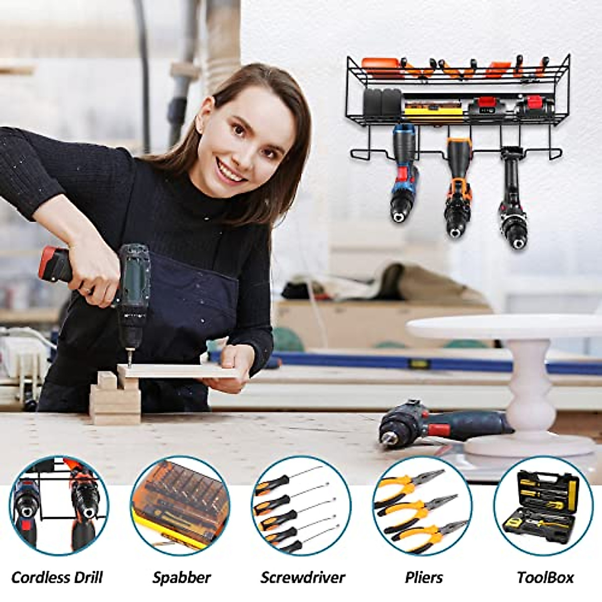Soldow Power Tool Organizer Drill Storage Rack, Heavy Duty Floating Tool Shelf Wall Mounted, Cordless Drill Holder Hanging Steel Rack for Tools Storage Garage, Pegboard, Plank, Cement Wall