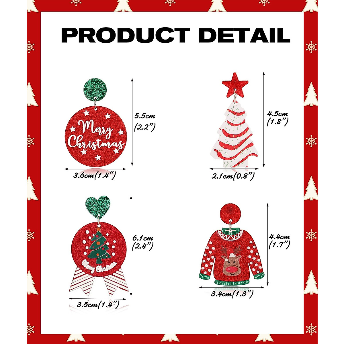 TRWWELL 4 Pairs Christmas Earrings for Women Acrylic Christmas Reindeer Tree Dangle Drop Earrings Holiday Party Jewelry Gifts