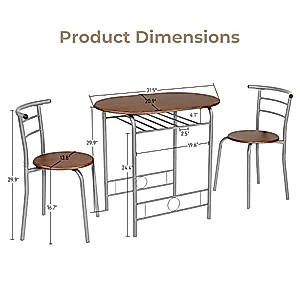 VINGLI 3 Piece Dining Set,Small Kitchen Table Set for 2,Breakfast Table Set,Kitchen Wooden Table and 2 Chairs for Small Space/Dining Room/Apartment,Metal Frame,Wine Rack,Sliver&Brown