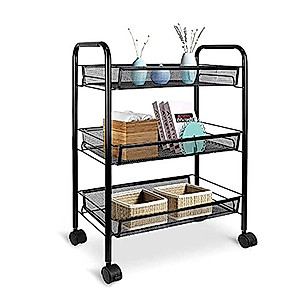 ATAAY Mesh Rolling Utility Cart，Rolling Utility Cart on Wheels Metal Mesh Storage Cart Storage Organizer Vegetable Rack Shelves for Kitchen Office Bathroom Laundry/Black