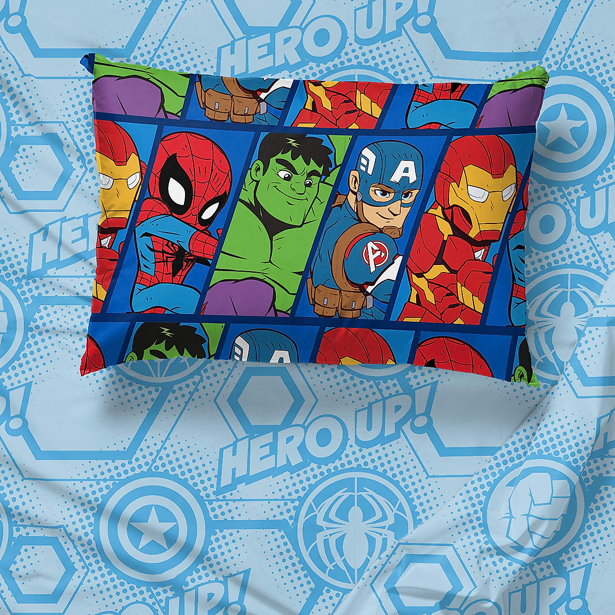Jay Franco Marvel Super Hero Adventures Hero Together 4Piece Toddler Bed Set Super Soft Microfiber Bed Set Includes Toddler Size Comforter & Sheet Bedding Features The Avengers Official Product
