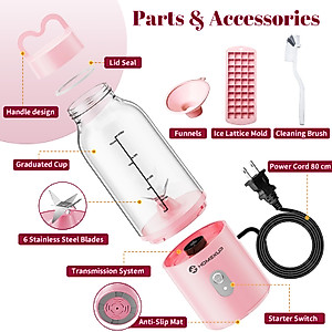 Portable Personal Blender 17 OZ/500 ML Juicer, 175W Personal Size Blender, Ideal for Smoothies, Ice Blending, Juicing, and Food Processing, Compact, Convenient, and Versatile (Pink)