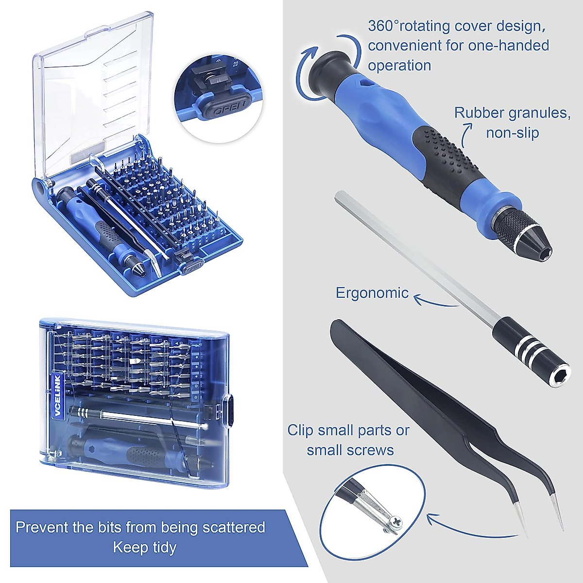 Mini Screwdriver Set with 42 Bits, VCELINK 45 in 1 Small Precision Magnetic Tiny Screwdriver Bit Kit with Tweezers & Extension Shaft for Laptop, PC, Phone, Computer, Game Console
