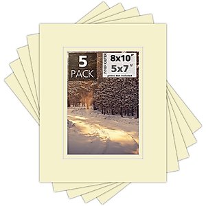 Mat Board Center, Pack of 5, 8x10 for 5x7 Photo Picture Double Mats - Acid Free, 8-ply Thickness, White Core - for Pictures, Photos, Framing (Ivory Over Ivory Color)