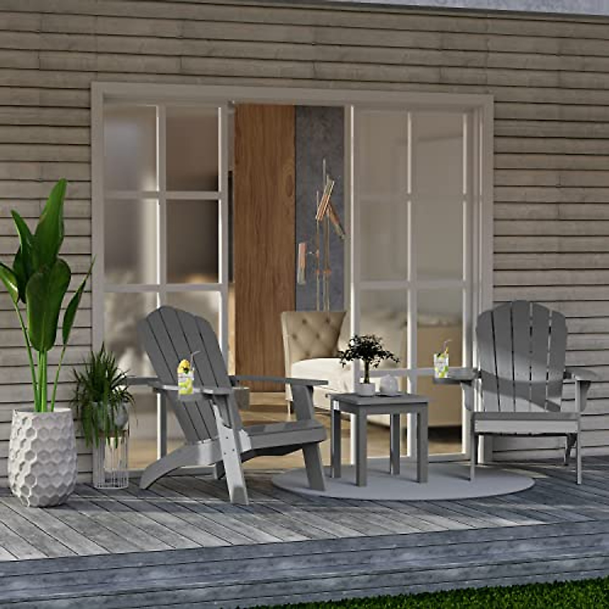 YEFU Oversized Plastic Adirondack Chair with Cup-Holder (Large Dual-Purpose), Weather Resistant, Poly Lumber Outdoor Chairs Duty Rating Widely Used in Patio, Lawn, Outside, Deck, Garden Chairs-Grey