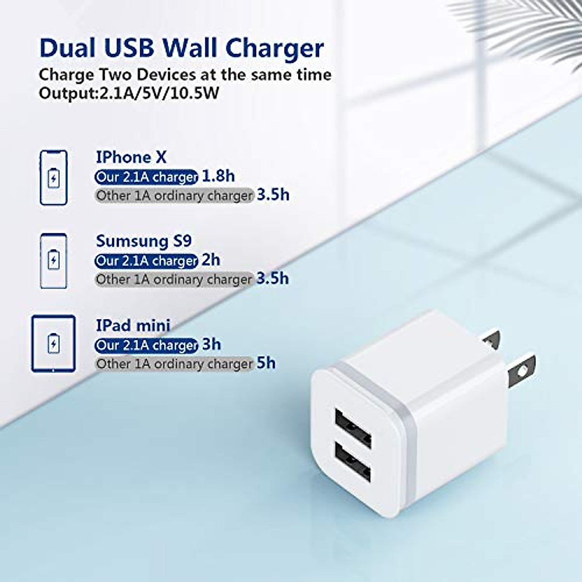 LUOATIP USB Wall Charger, 5-Pack 2.1A/5V Dual Port USB Cube Power Adapter Charger Plug Charging Block Replacement for iPhone Xs/XR/X, 8/7/6 Plus, Samsung, HTC, LG, Moto, Android Phones
