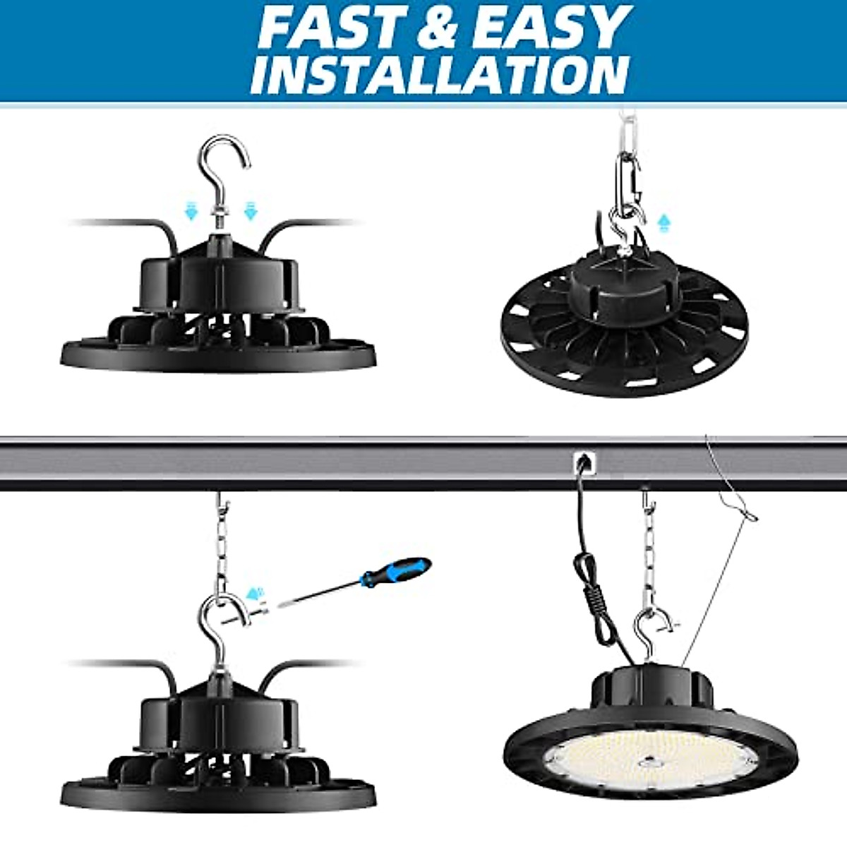 SASITE LED High Bay Light 150W, Super Bright led Shop Light 21,000LM Daylight, IP65 Waterproof Commercial Warehouse Area Light, 1-10V Dimmable High Bay Shop Light
