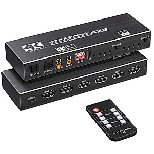 ZPTEK 4K HDMI Matrix Switch 4 X 2,4 in 2 Out Video Switcher Splitter, Optical and LR Audio Outputwith IR Remote Controller,Support 4K@60Hz 3D 18.5Gbps x 3 Data Rate, HDMI 2.0b, HDCP 2.2, MH42-C1