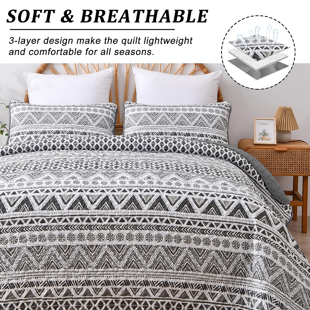 DJY Boho Quilt Set King Size, 3 Pieces Grey White Striped Geometric Bedspread Coverlet Set with 2 Pillowcases Soft Lightweight Microfiber Bohemian Quilt Bedding Set for All Season 103"x90"