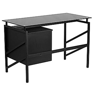 Flash Furniture Singleton Glass Desk with Two Drawer Pedestal,Black