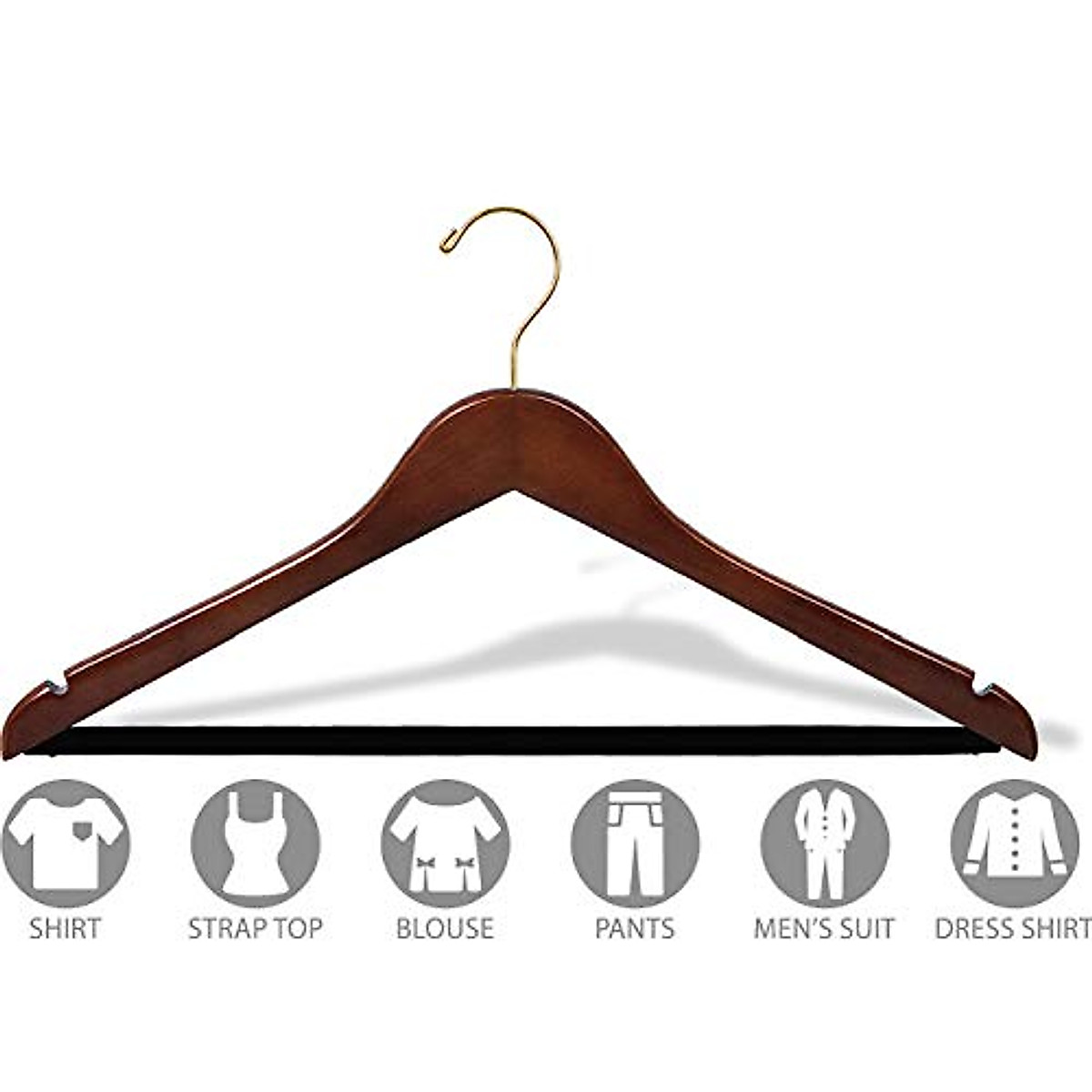 Wooden Suit Hangers with Walnut Finish and Velvet Non-Slip Bar, Space Saving Flat Hanger with Brass Swivel Hook & Notches (Set of 100) by The Great American Hanger Company