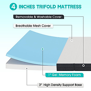 Tri Fold Memory Foam Mattress 4 inch Folding Mattress Topper Portable Foldable Memory Foam Mattress Non-Slip Bottom Breathable Mattress Guest Bed with Zipper Washable Cover CertiPUR-US Certified, Twin