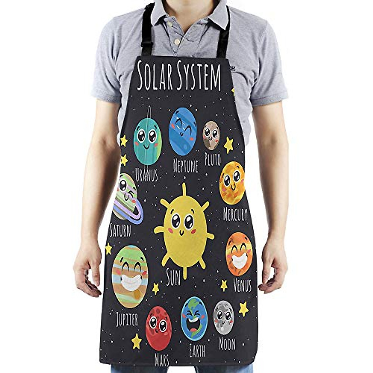 HGOD DESIGNS Space Kitchen Apron,Cute Solar System Sun Moon Pluto And Planets On Space Bib Aprons For Home Cooking Gardening Adjustable Neck for Women men,Adult Size