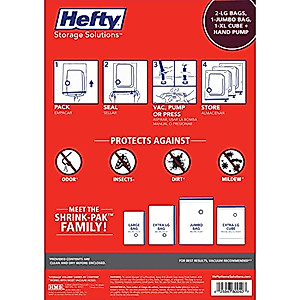Hefty Super Starter Kit 5L, 3XL, 1XL Cube, and 1 Jumbo Bag, Reusable and Water resistant Vacuum Storage Bags, Total of 10 Bags + Hand Pump