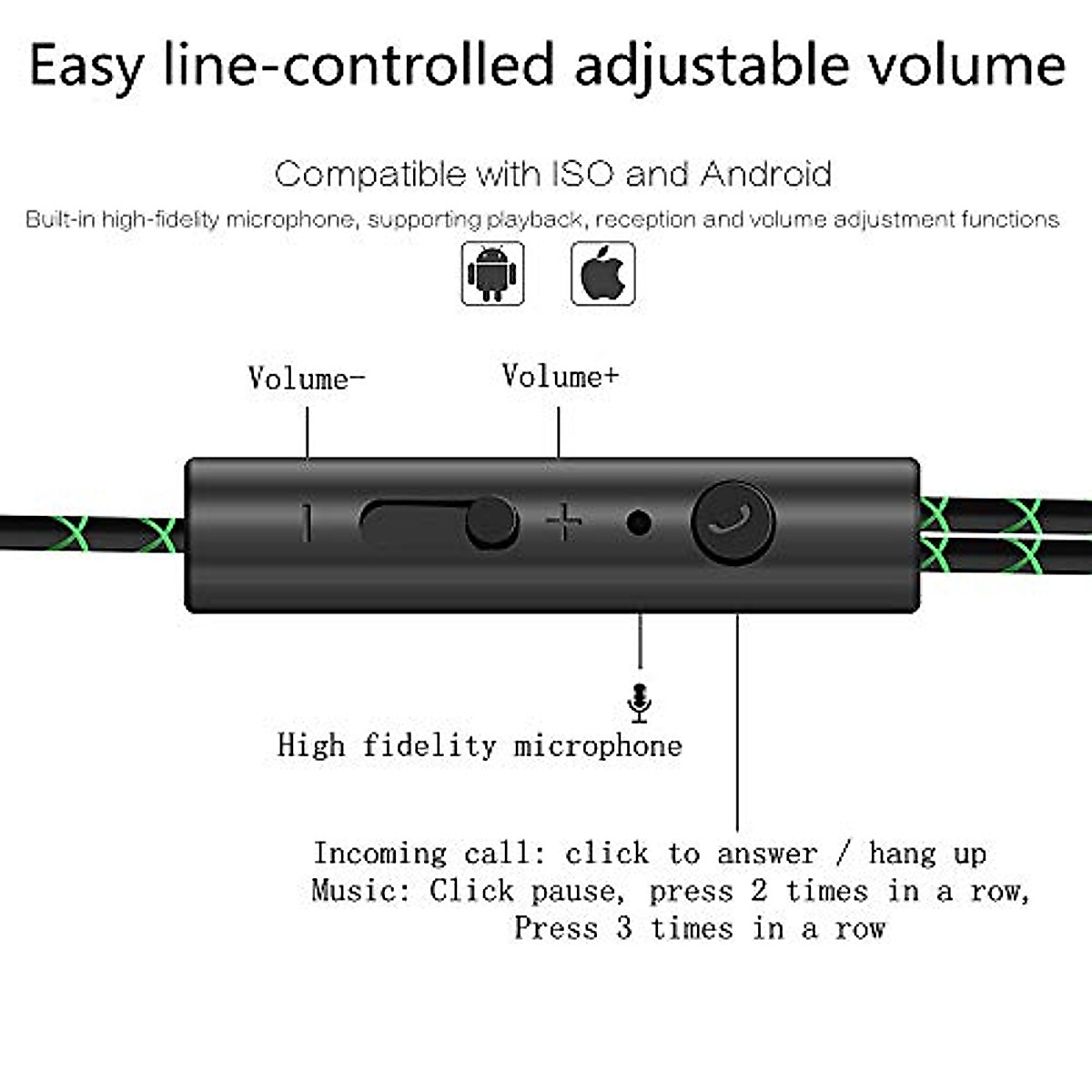 leqingchun Clip Type Earphones，Portable Stereophone Headphones,with Microphone and Call Controller Stereo Earphones,Suitable for Compatible with 3.5mm iPhone, Android Mobile Phone Black