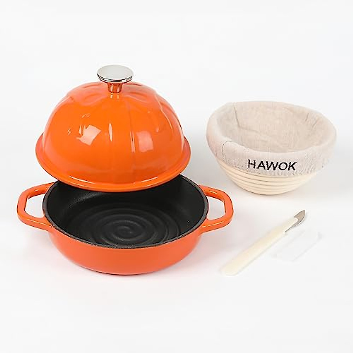 HAWOK Cast Iron Bread Cloche, Dia. 6.3inch/16cm, with Proofing Basket and Dough Scoring Knife, Sourdough Baking Pan Enameled Orange
