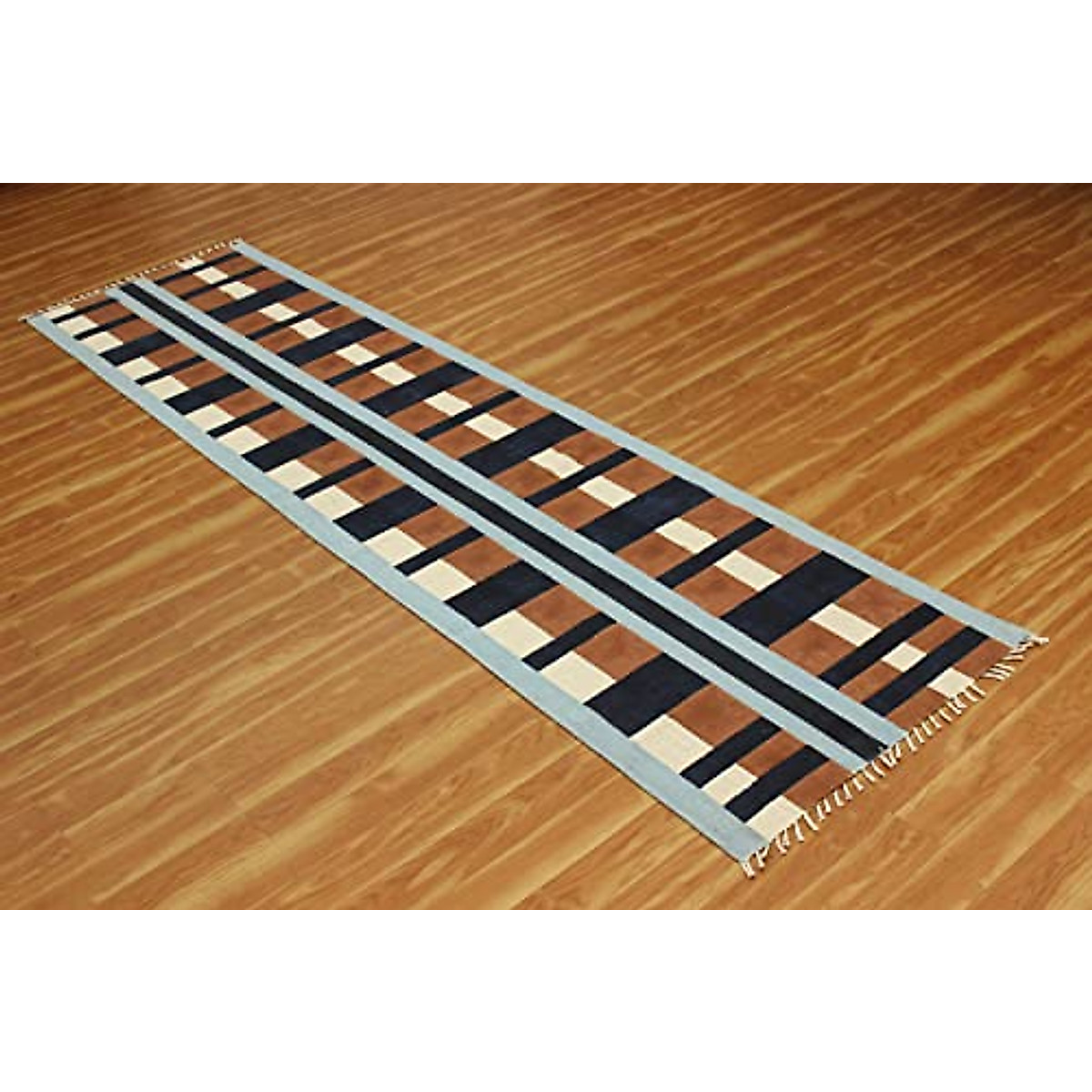 Casavani Indian Handmade Cotton Carpet Geometric Black & Multicolor Area Dhurrie Best Uses For Home/Office 4x8 Feet Rugs for Bedroom,Living Room,Kids Room,Hallway Enterway,Kitchen 8x8 Feet Square