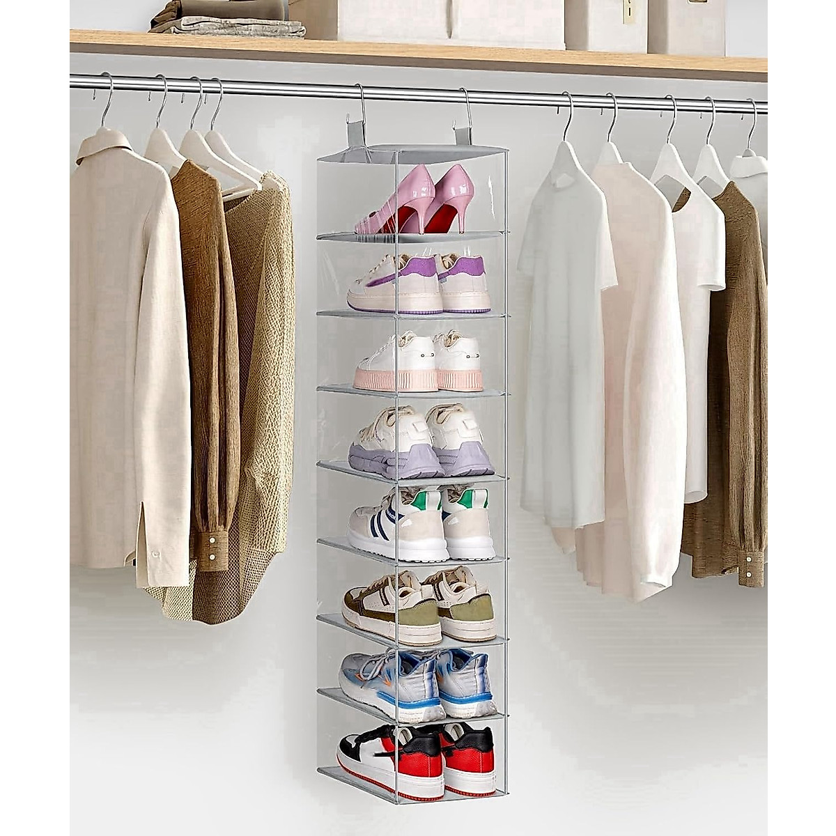 MISSLO Clear Hanging Shoe Organizer for Closet Storage Wider Hanging Shoe Rack 8 Shelf Shoe Hanger Holds 8 Pair of Sneakers, Clothes for Room, Bedroom, College Dorm