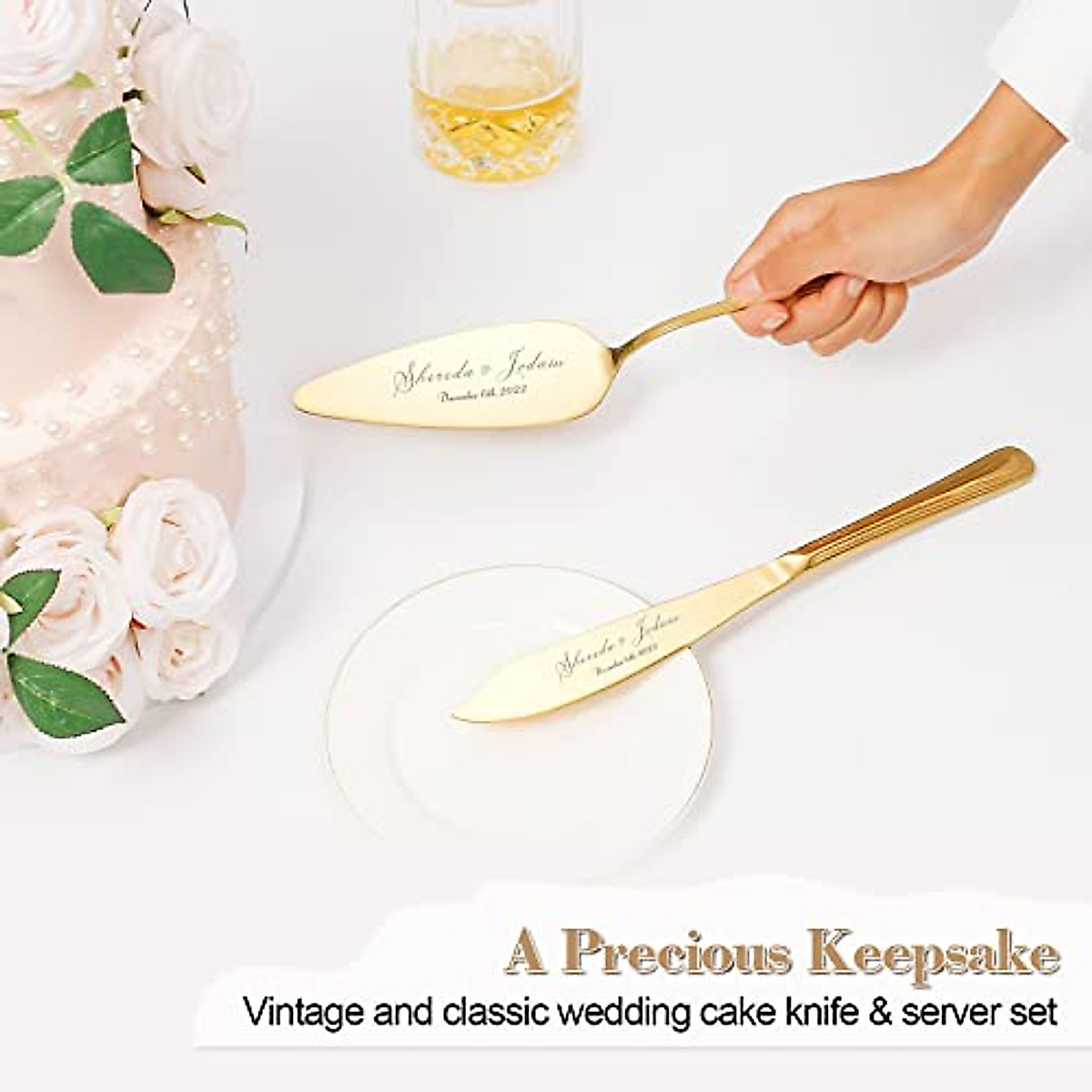 Cake Cutting Set for Wedding, Personalized Wedding Cake Knife and Server Set, Vintage Engraved 2-Piece Pie Cake Cutter Serving Set, Custom Bridal Anniversary Birthday Quinceañera Gift