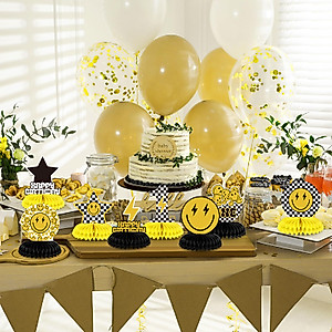 Outus 9 Pcs One Happy Dude Honeycomb Centerpiece One Happy Dude 1st Birthday Party Decoration Set Smile Face Table Toppers Centerpieces Party Supplies for Wedding Baby Shower Birthday Party Home Decor