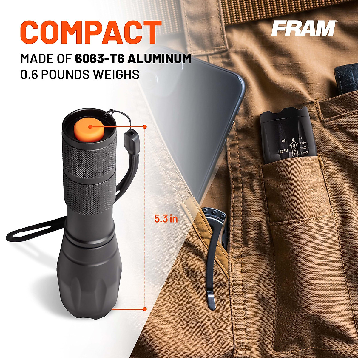 FRAM FAC40006 Handheld Flashlight, Portable and Convenient, Perfect for Camping Essentials, Survival Gear, Waterproof lamp.