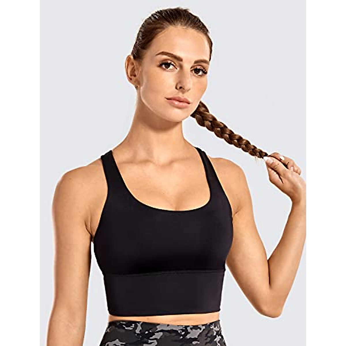 CRZ YOGA Women's Strappy Longline Sports Bras - Wirefree Padded Medium Impact Workout Crop Tank Top Black Medium
