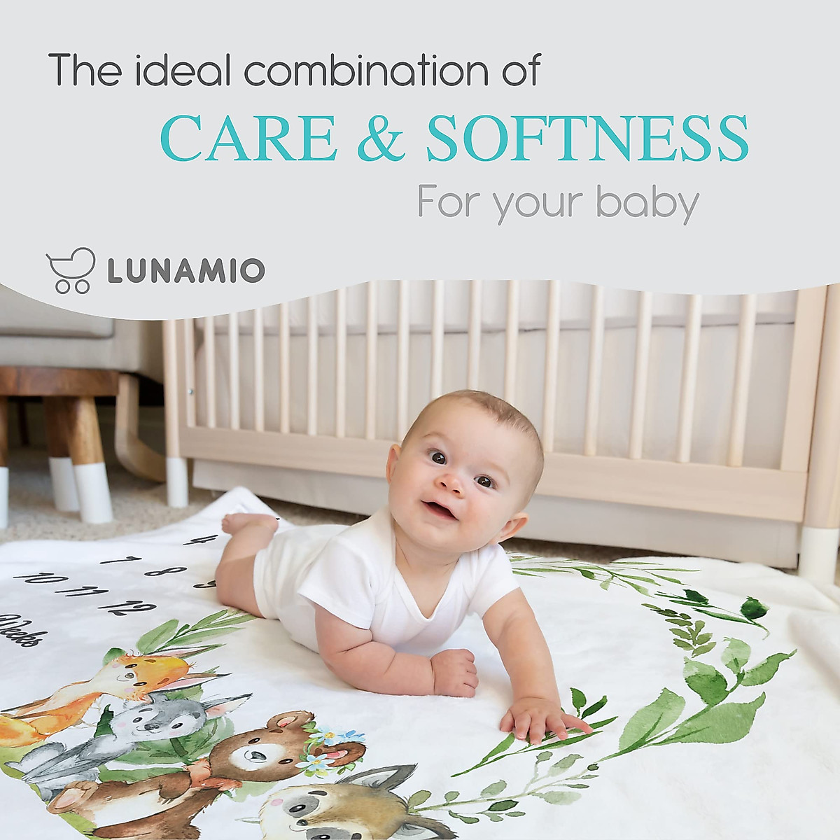 LUNAMIO Baby Monthly Milestone Blanket Boy Girl, Woodland Nursery Decor for Boys, Baby Milestone Blanket, Baby Boy Milestone Blanket, Woodland Baby Shower, Milestone Blanket for Baby Girl Boy, 50"x40"