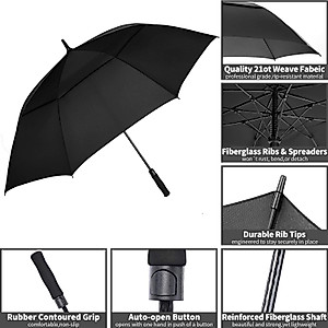 SIEPASA /62/68/72 Inch Automatic Open Golf Umbrella Oversize Extra Large Double Canopy Vented Windproof Waterproof Stick Umbrella.(Black, 62",Red Handle)