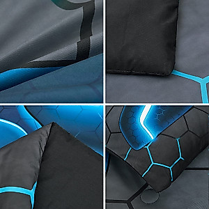 Tasselily Game Console Blue Comforter Set with Sheets, 6 Pcs Bed in A Bag Geometric Lightweight Boys Full Size Bedding Set for Kids Teens