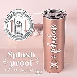 Onebttl 30th Birthday Gifts for Women, Female, Her - 30 and Fabulous - 20oz/590ml Stainless Steel Insulated Tumbler with Straw, Lid, Message Card - (Rose Gold)