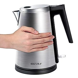 Secura Double Wall Stainless Steel Electric Kettle Water Heater for Tea Coffee w/Auto Shut-Off and Boil-Dry Protection, 1.5L/1.6Qt, Black