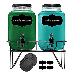 2-Pack glass drink dispenser - 1 Gallon Mason Jars w/Spout Faucets Screw Lid & Rubber Drip Mats - Liquid lemonade & beverage - Stand for Organizing party Decor & Storage