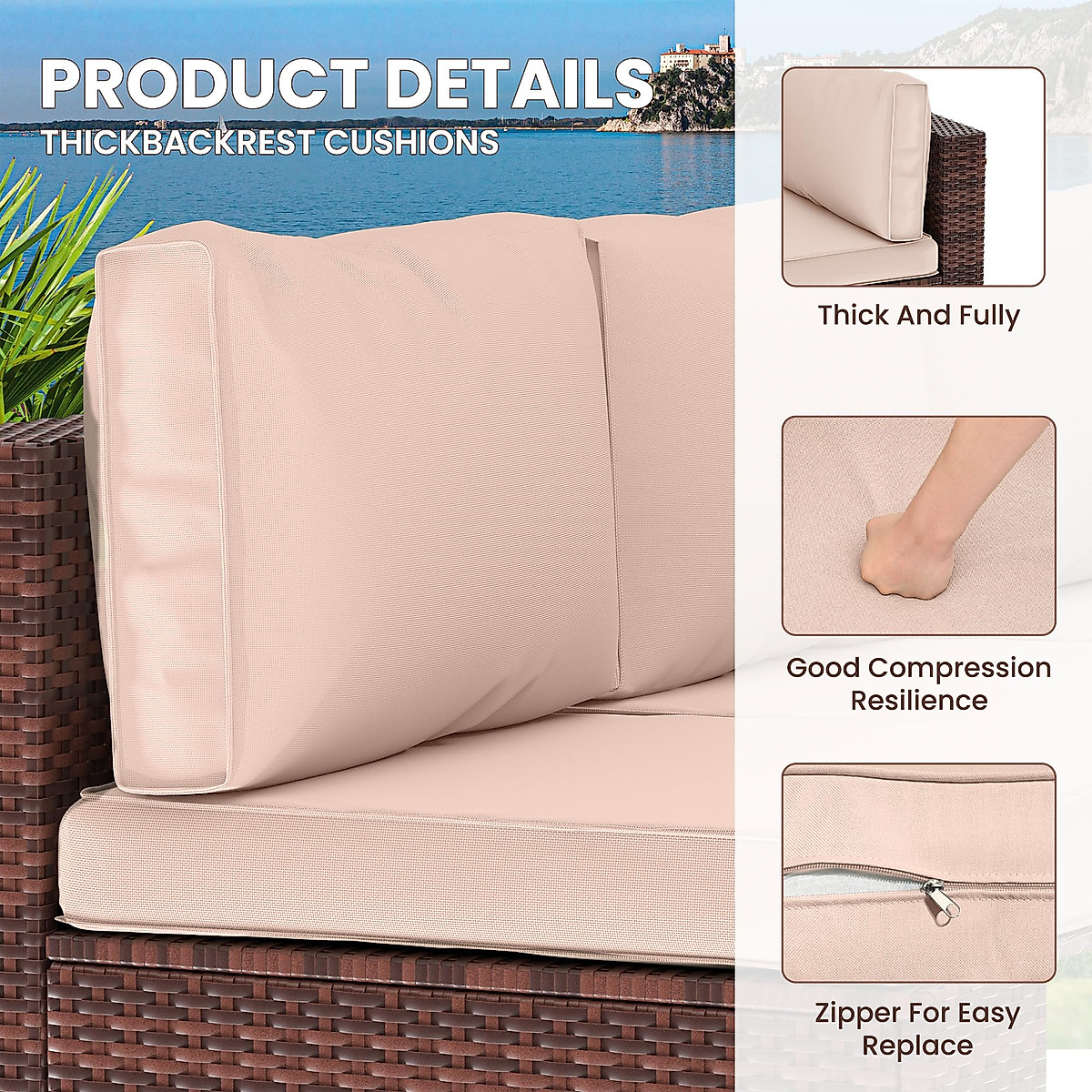 UDPATIO Outdoor Replacement Cushions for Patio Furniture, Water-Resistant Patio Cushions for 6-Seat Sectional Patio Conversation Sets, 14-Piece Outdoor Couch Cushions Patio Sofa Cushions (Beige)