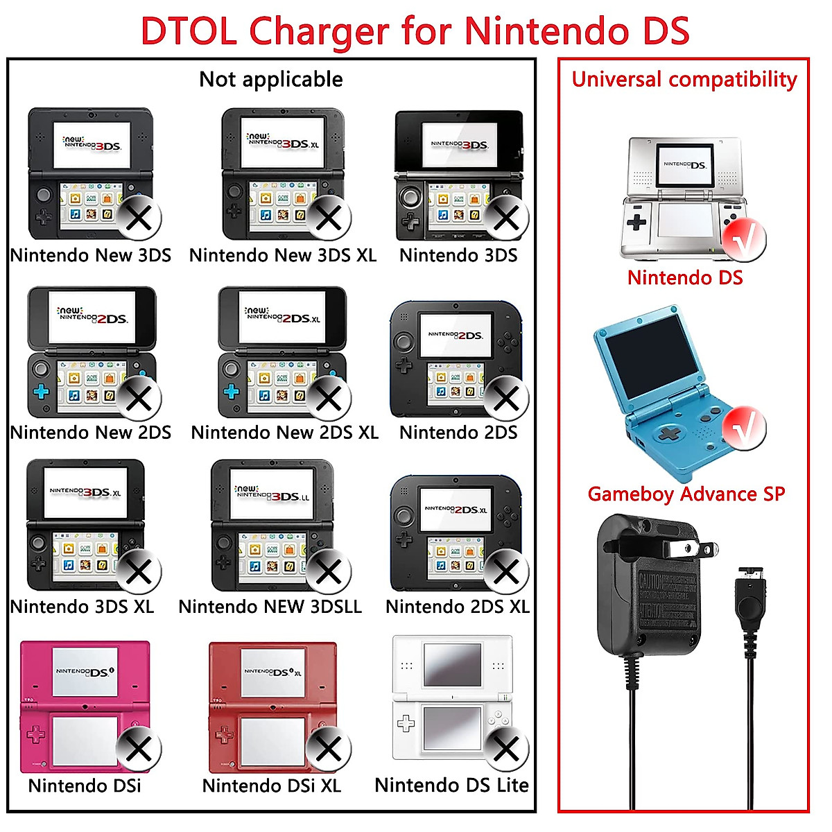 DTOL Gameboy Advance SP Charger, 5.2V 450mA Power Charger for Nintendo NDS and GBA SP, Wall Travel Charger, Compatible with Gameboy Advance SP, Nintendo NDS