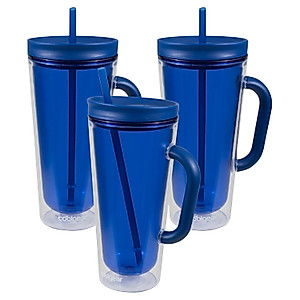 COOL GEAR 3-Pack 26 oz Spritz Tumbler with Straw and Handle | Pressure Fit Lid, Colored Re-Usable Tumbler Water Bottle with Straw and Handle - Blueberry Pack