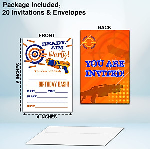 NYCTUG Blaster Gun Birthday Invitation(4" X 6"), Dart War Party Double-Sided Invites- 20 Invitations With Envelopes-Personalized Party Supplies-A26