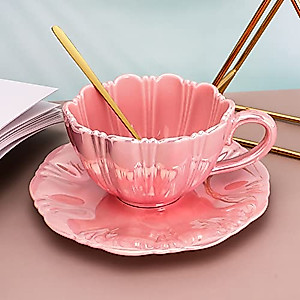 VCXOX Creative Cute Ceramic Coffee Mug with Flower Shape Saucer & Spoon Sets, Novelty Coffee Cup with Comfortable Grip for Office and Home, 8.1 oz/240 ML for Tea Latte Milk Cup (pink)
