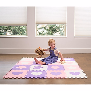 Tadpoles Hearts and Stars Foam Playmats for Kids, 16 Interlocking Foam Tiles, Waterproof, Durable, and Long-lasting | Total Floor Coverage 50” x 50” | For Ages 3 and Up | Pink, Purple, and White