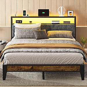 OLEVS Queen Bed Frame Metal Platform Bed Queen Size with 2-Tier Storage & LED Light Headboard, Charging Station Type C, No Box Spring Needed
