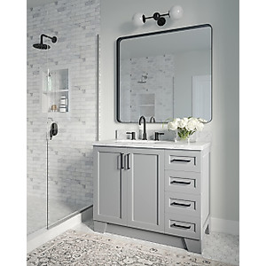 ARIEL 43" Grey Bathroom Vanity with 1.5" Edge Italian Carrara Marble Countertop & Backsplash, Left Oval Sink, 2 Soft Closing Doors, 5 Full Extension Dovetail Drawers, Toe Kick, Matte Black