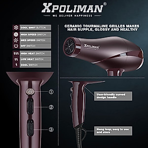 Xpoliman 2000 Watt Hair Dryer, Negative Ionic Blow Dryer with Diffuser Concentrator Comb, 2 Speed 3 Heat Settings, Low Noise Long Life Style-Brown/Purple