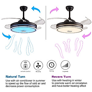 DFL 42" Ceiling Fan with Light, Fandelier, Retractable Ceiling Fan Light and Bluetooth Speaker RGB Color Changing with Remote Controller for Living Room/Bedroom/Restaurant Music Black