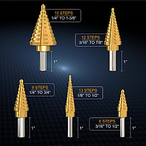 WORTURE 5PCS Step Drill Bit Set with Automatic Center Punch, HSS Titanium Coated Unibit Step Drill Bits, 50 Sizes Step Bits for Metal, Aluminum, Wood, Plastic, with Storage Case