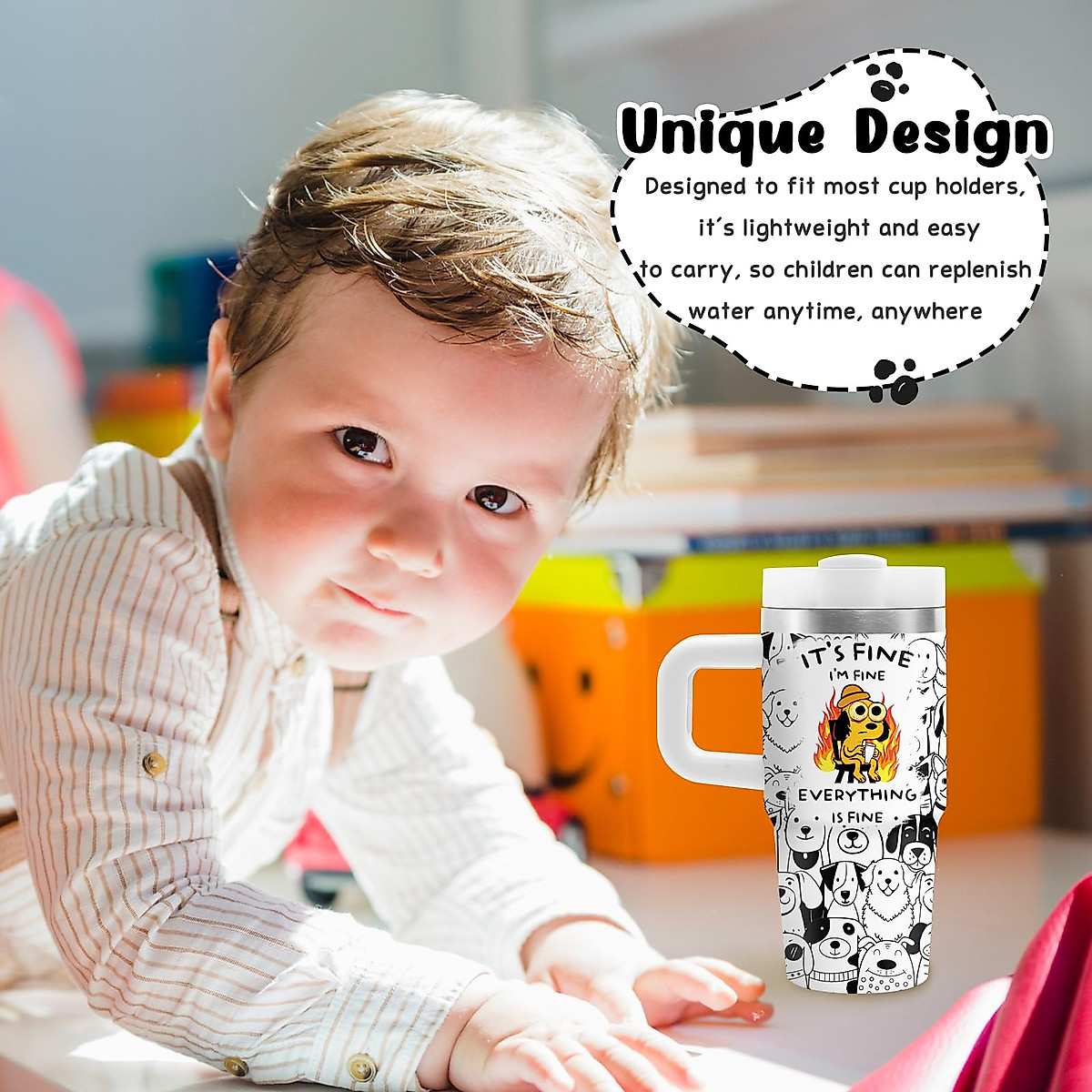 Funny Dog Gifts for Kids, Its Fine Dog Tumbler with Handle and Straw for Kids 14 oz, Black Dog Gifts for Toddlers, Birthday Gifts for Dog Lover Boys Girls, Everything Is Fine Dog Mug