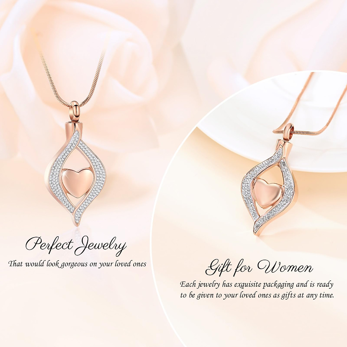 Cremation Jewelry for Ashes The Eye of My Heart Keepsake Memorial Jewelry for Urn Necklace Stainless Steel Ashes Pendant with 20 Inch Chain (2pcs Rose(White+Purple))