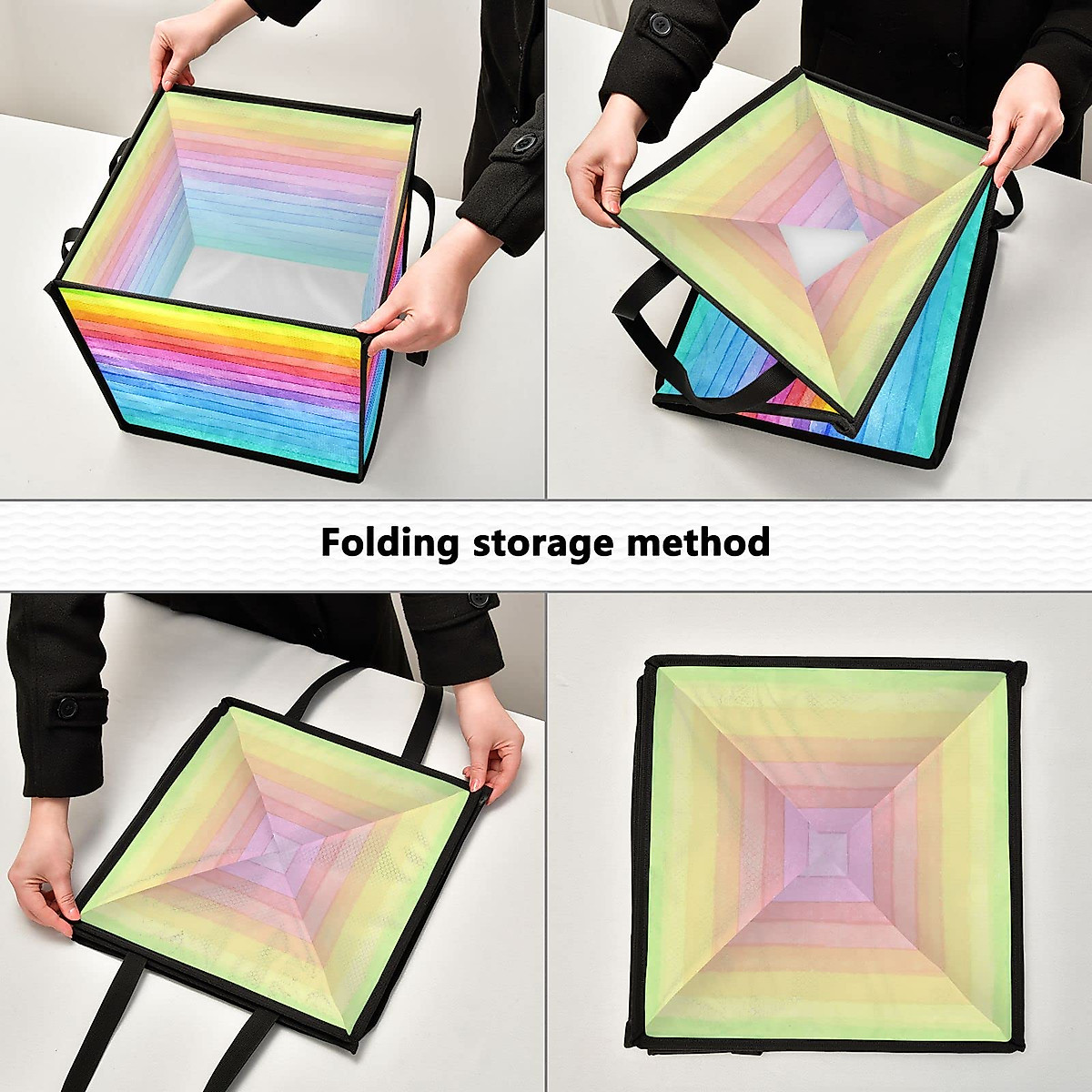 Blueangle Rainbow Striped Cube Storage Bin with Handles, 13 x 13 x 13 in, Large Collapsible Organizer Storage Basket for Home Décor（84）