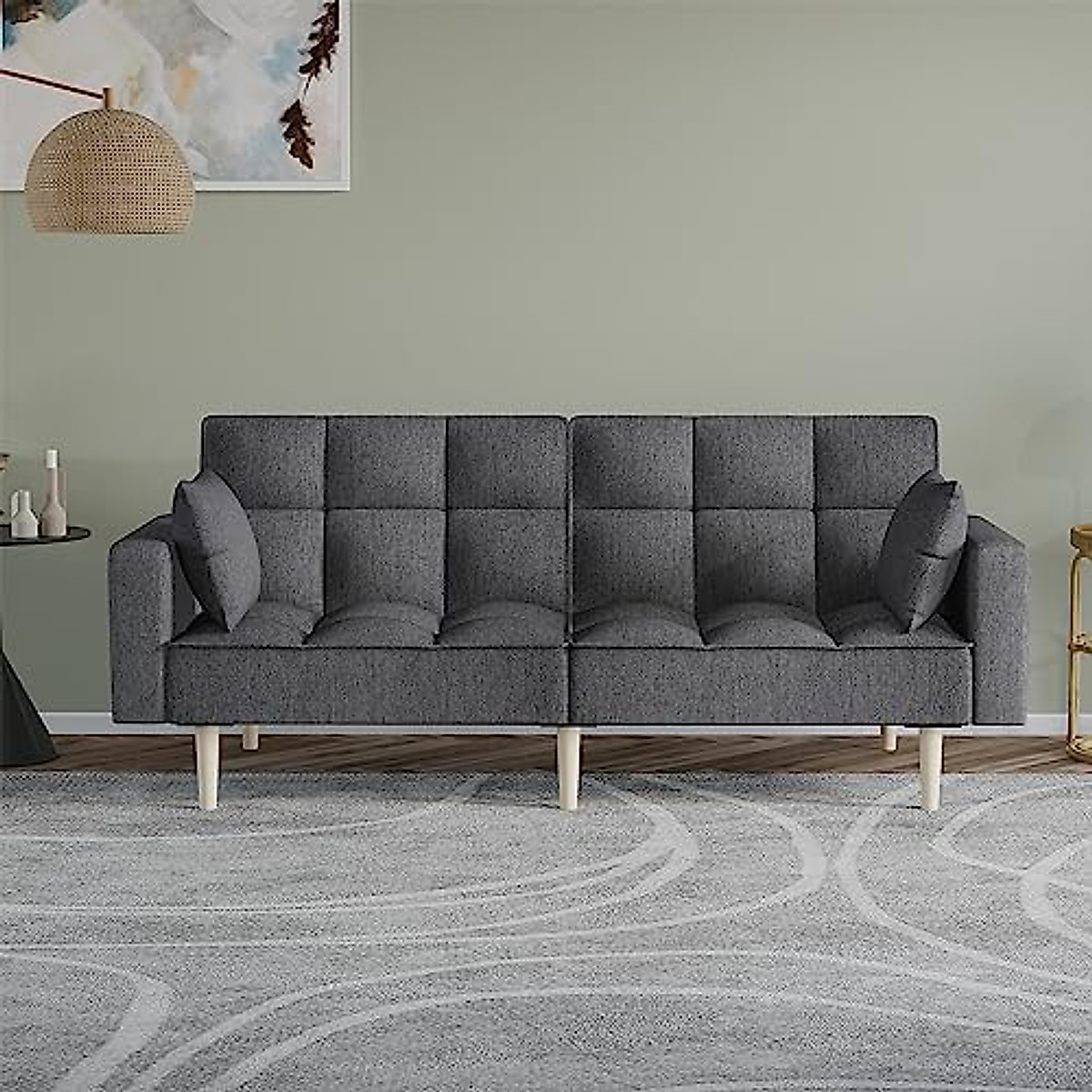 Senfot Sofa Couch, 78”W Sleeper Sofa Bed, Linen Futons with Upholstered Button Tufted Design, Convertible Futons with Thickened Wood Leg for Living Room, Bedroom and Office in Dark Grey