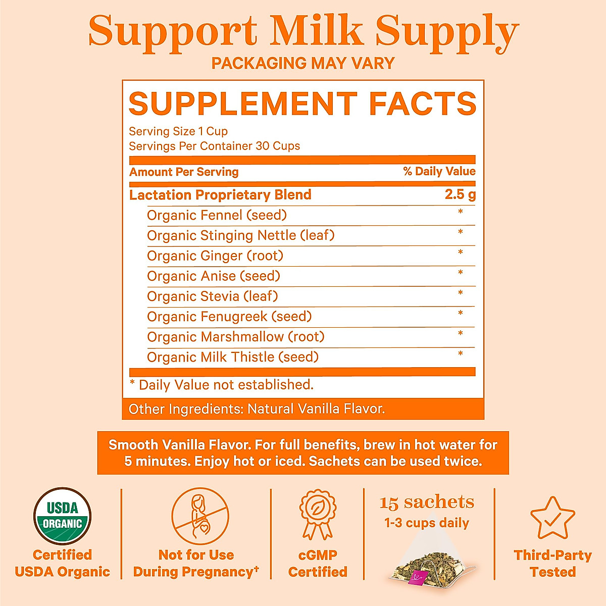 Pink Stork Organic Lactation Support Tea for Breast Milk Supply - Fenugreek, Milk Thistle, Fennel - Breastfeeding Essentials, Caffeine-Free - 15 Sachets, Smooth Vanilla