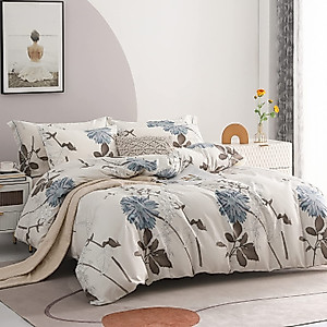 SLEEPBELLA Comforter King Size, 600 Thread Count Cotton Brown Branches and Blue Flowers Off-White Comforter Sets, Down Alternative Bedding Set 3Pcs(King, Off-White Botanical)